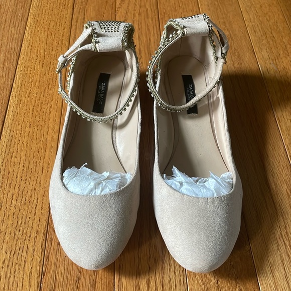 Zara | Shoes | Zara Suede Ankle Strap Rhinestone Studded Ballet Flats ...